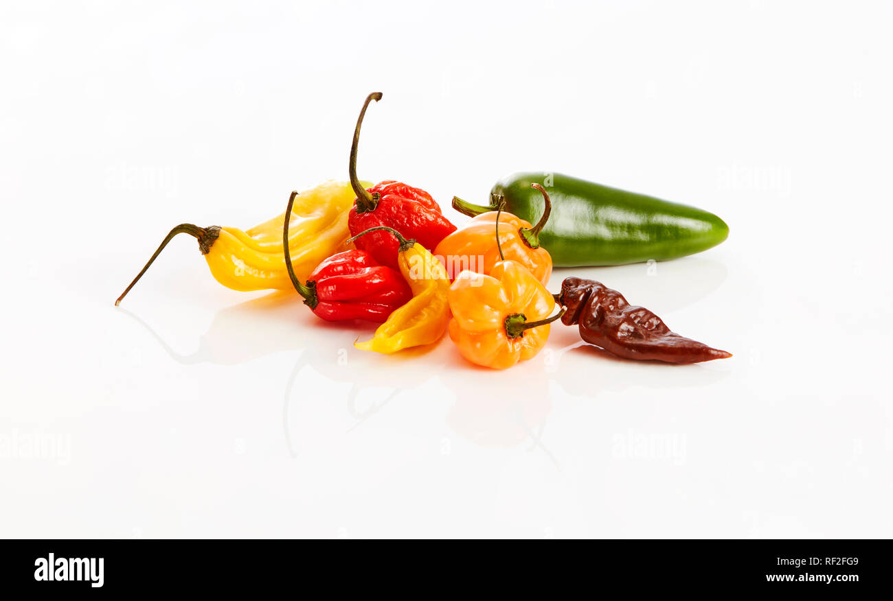 Various chili pods on white background Stock Photo - Alamy