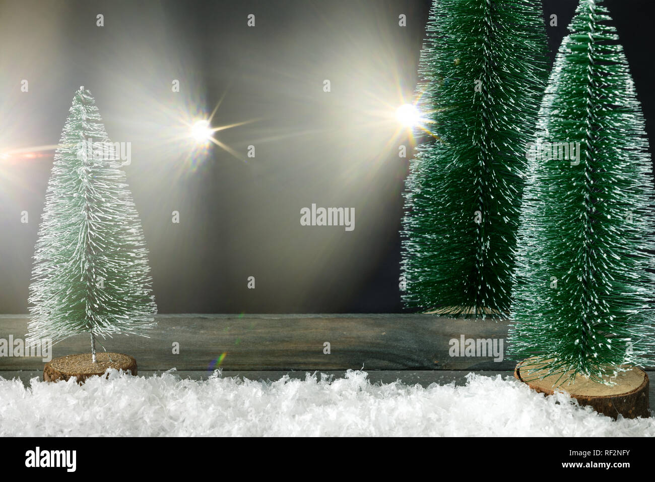 Christmas decoration background with fir trees and light flares Stock ...