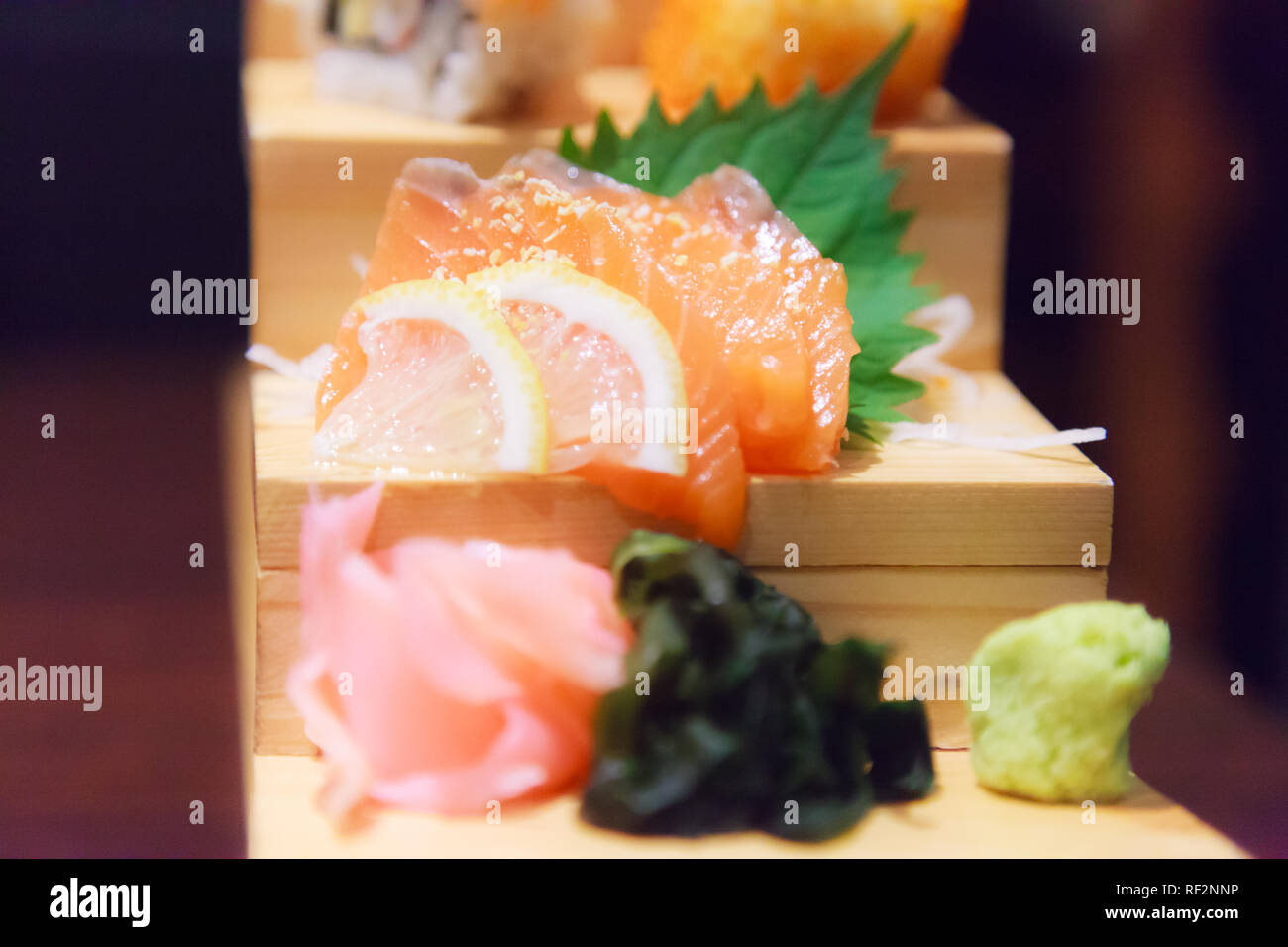 Japanese Fresh Fish Food Dish Menu, Salmon Sashimi, seaweed, ginger and ...