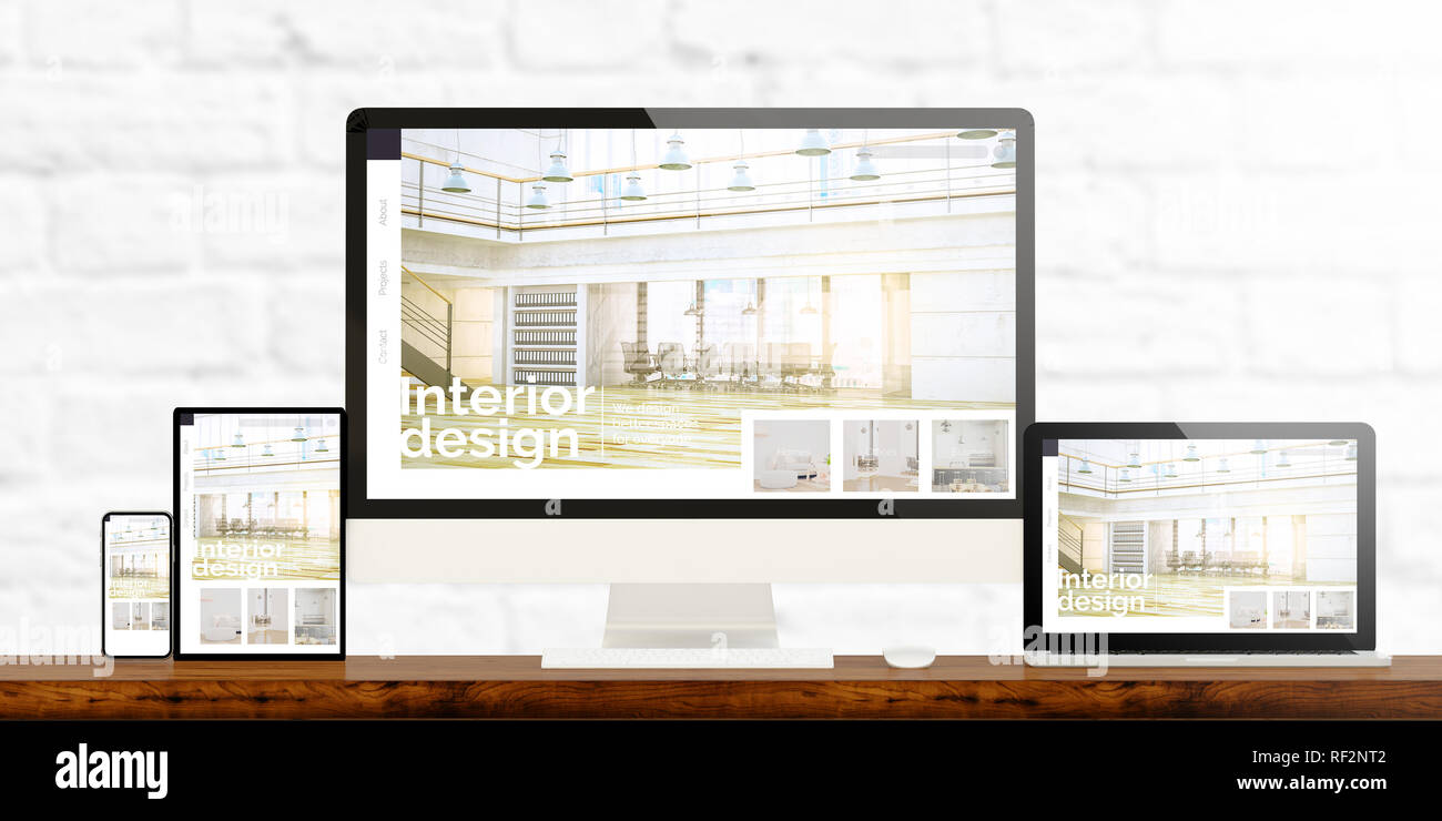 responsive devices showing interior design website 3d rendering Stock ...
