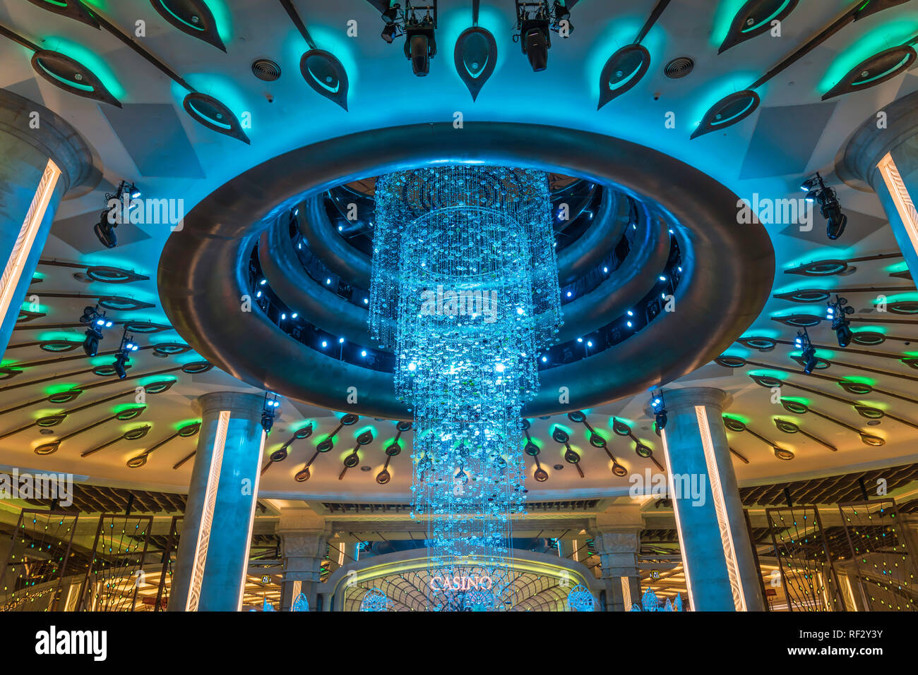 A water sound and light show in the hotel lobby of the Galaxy Hotel in ...