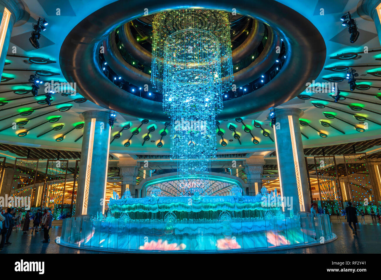 A water sound and light show in the hotel lobby of the Galaxy Hotel in ...