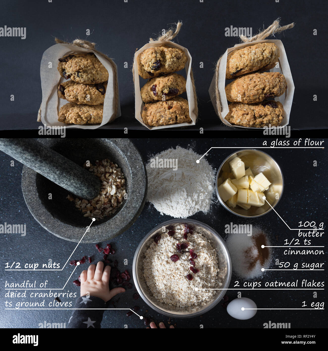 Food collage consisting of a ready dish and the ingredients from which ...