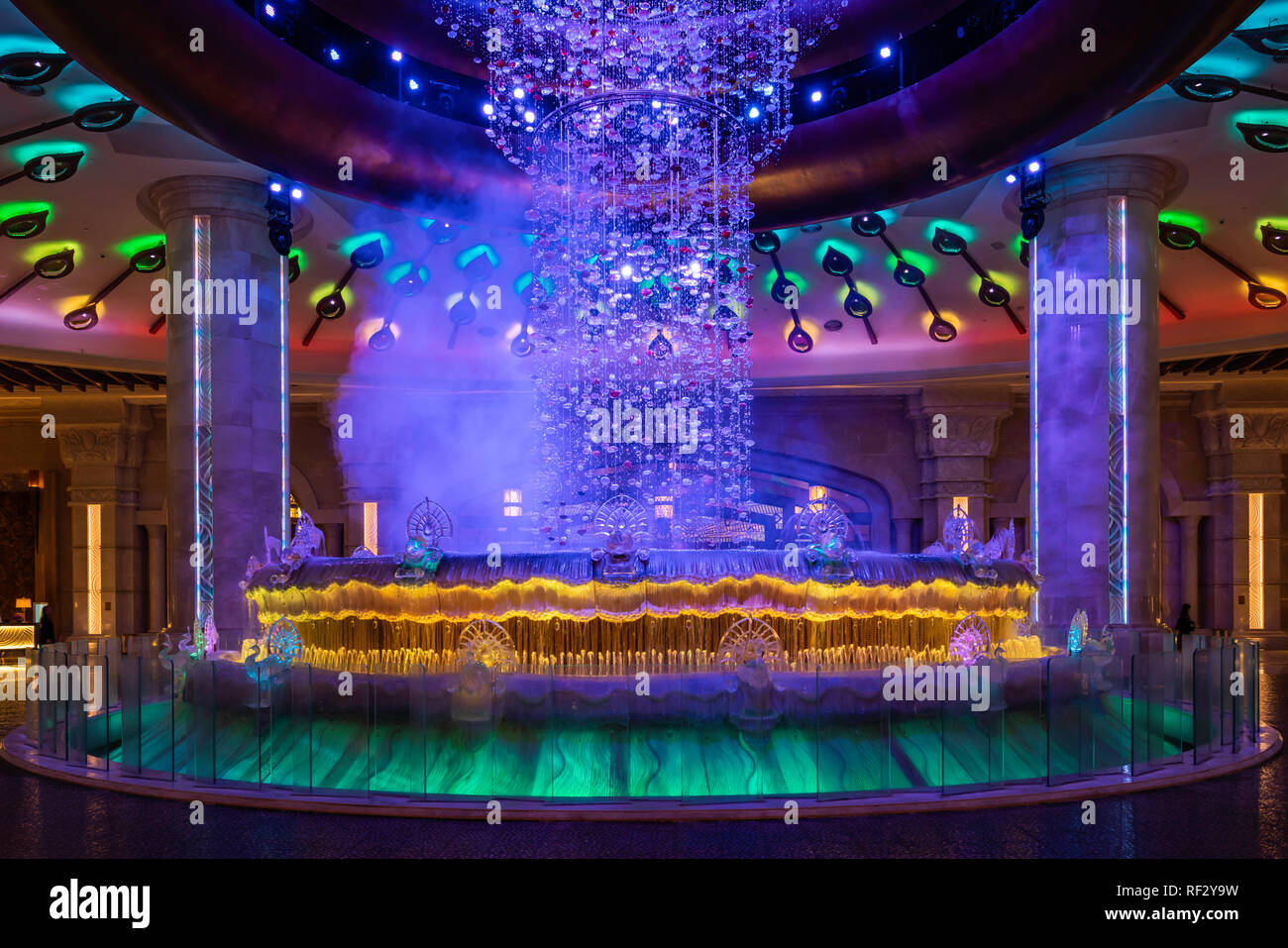 A water sound and light show in the hotel lobby of the Galaxy Hotel in ...