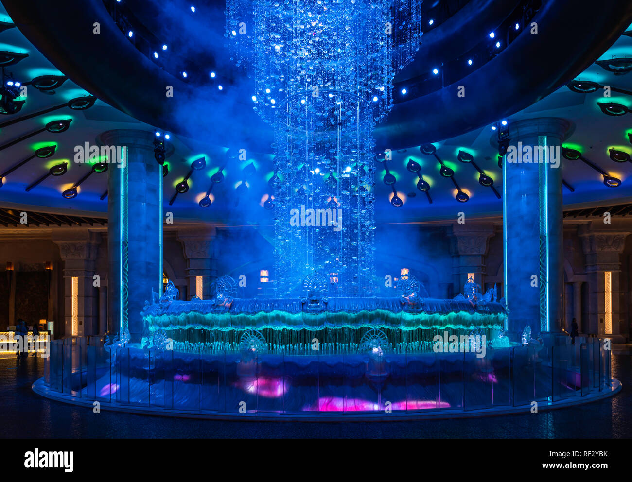 A water sound and light show in the hotel lobby of the Galaxy Hotel in ...
