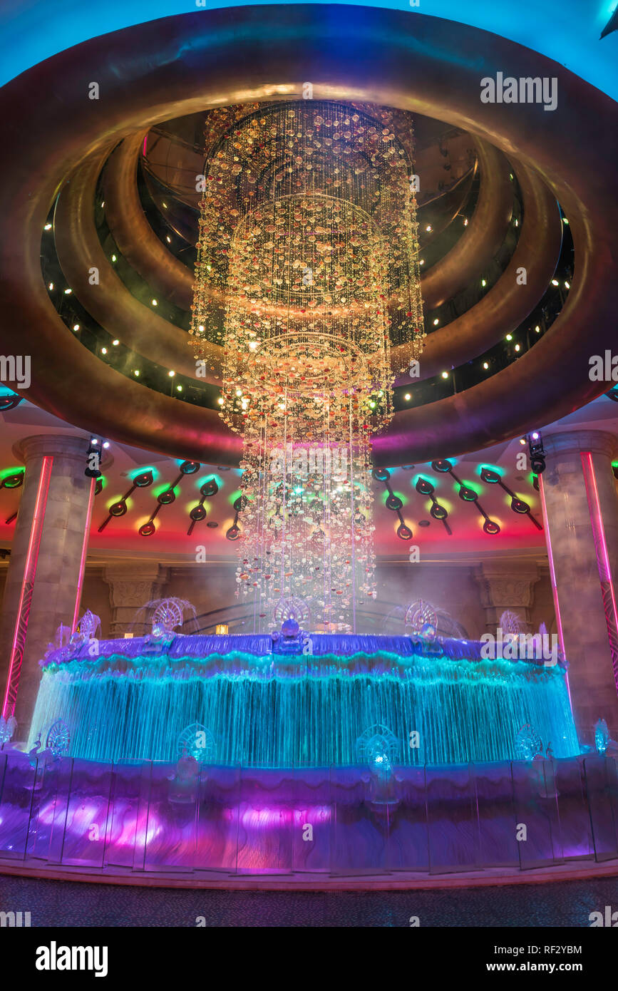 A water sound and light show in the hotel lobby of the Galaxy Hotel in ...