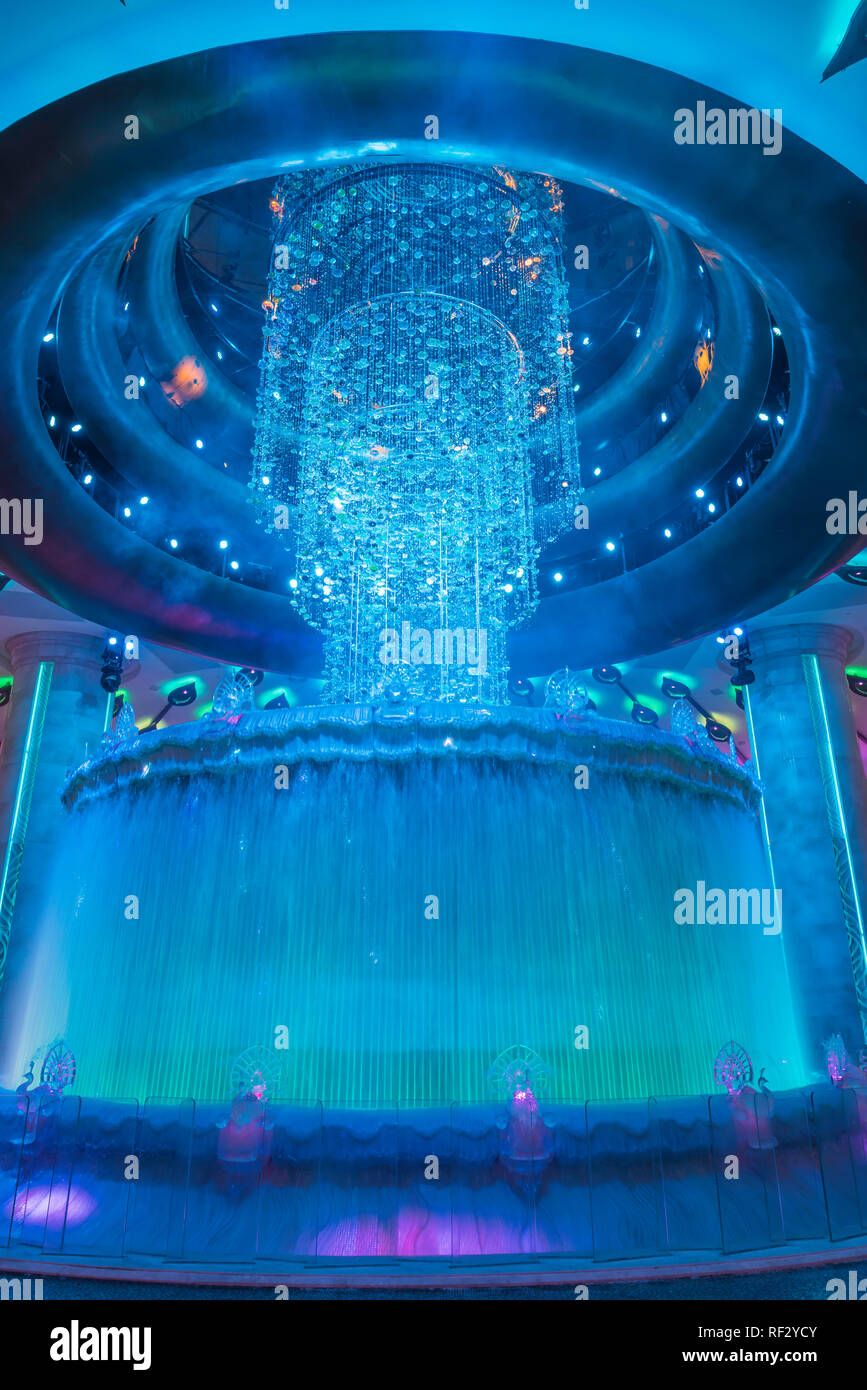 A water sound and light show in the hotel lobby of the Galaxy Hotel in ...