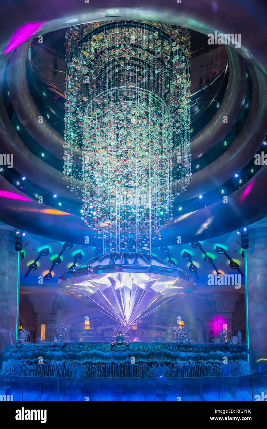 A water sound and light show in the hotel lobby of the Galaxy Hotel in ...