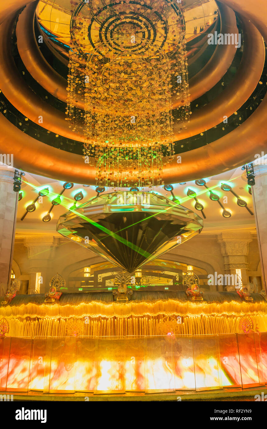 A water sound and light show in the hotel lobby of the Galaxy Hotel in ...