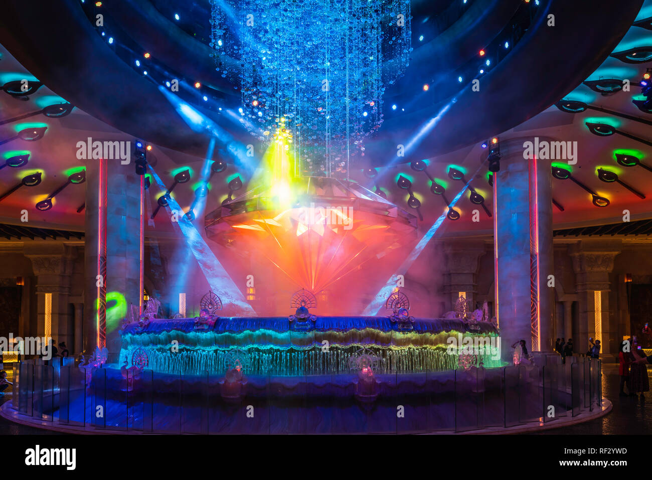 A water sound and light show in the hotel lobby of the Galaxy Hotel in ...