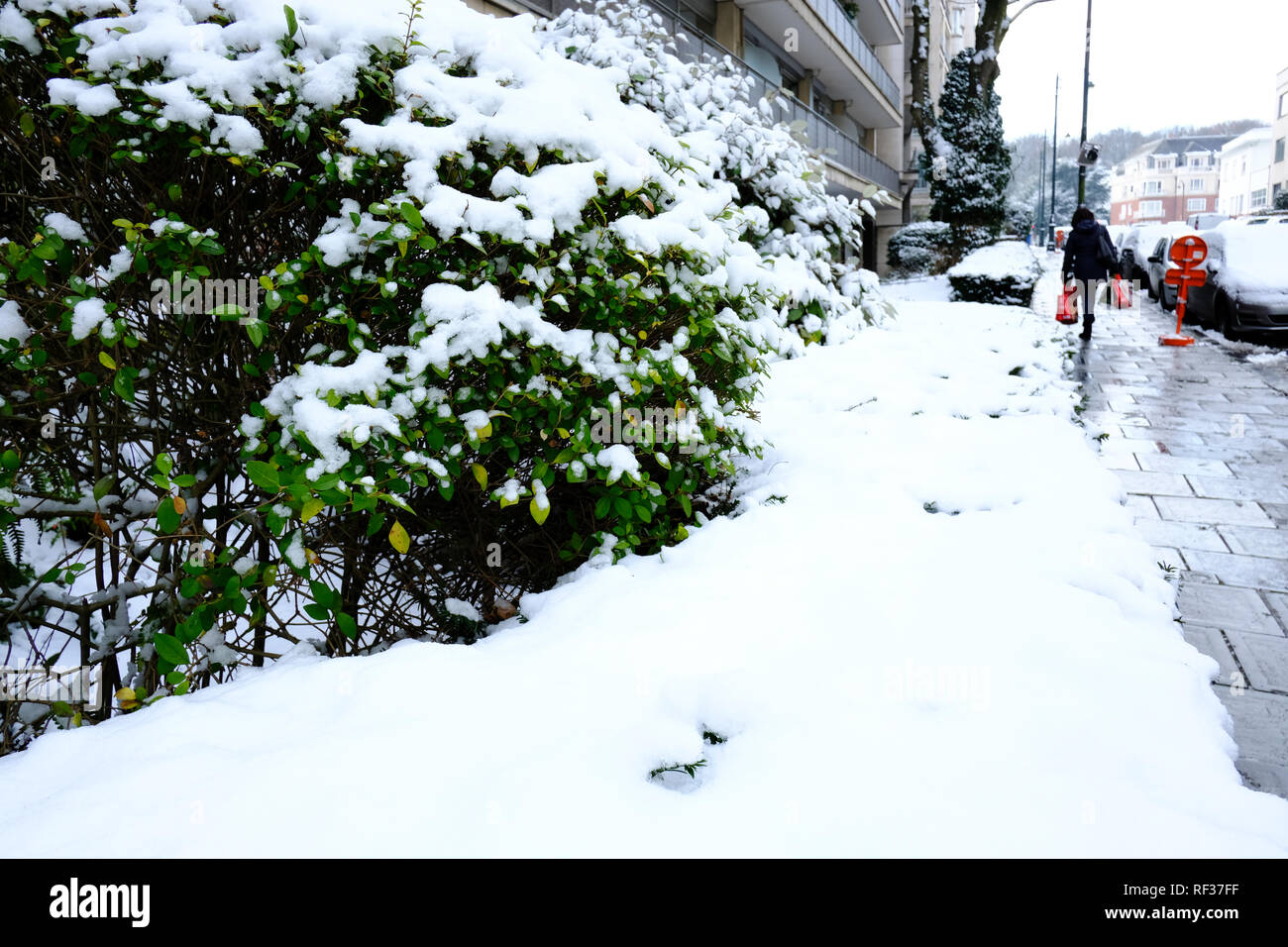 Brussels, Belgium. 23rd January 2019. People walk through a snow ...