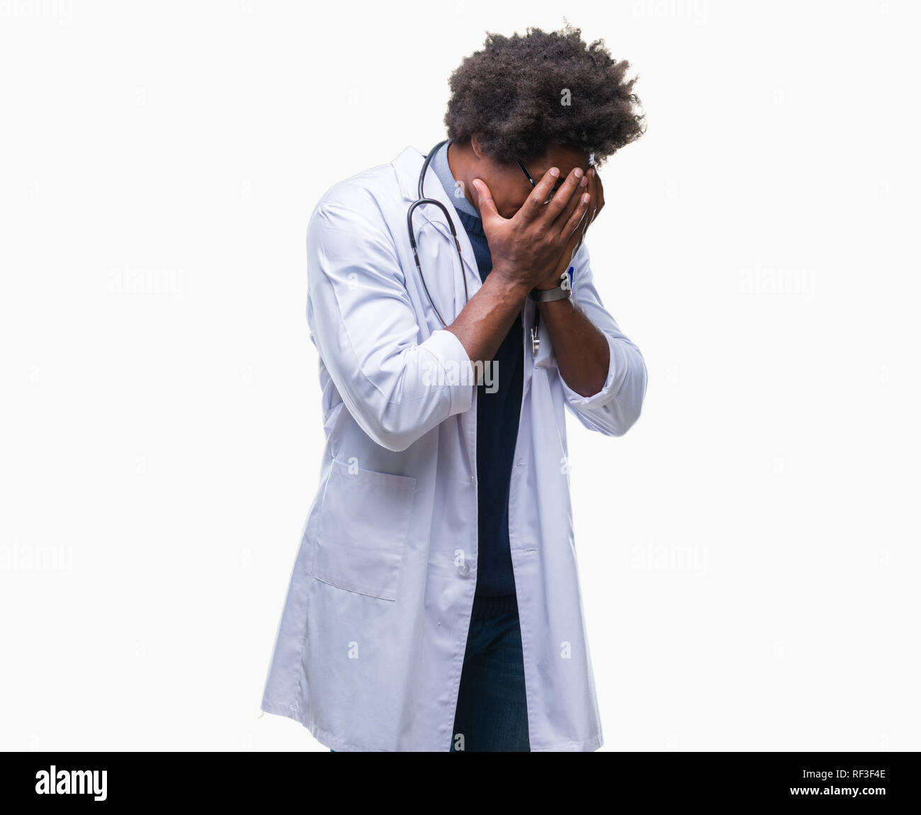 Afro american doctor man over isolated background with sad expression ...