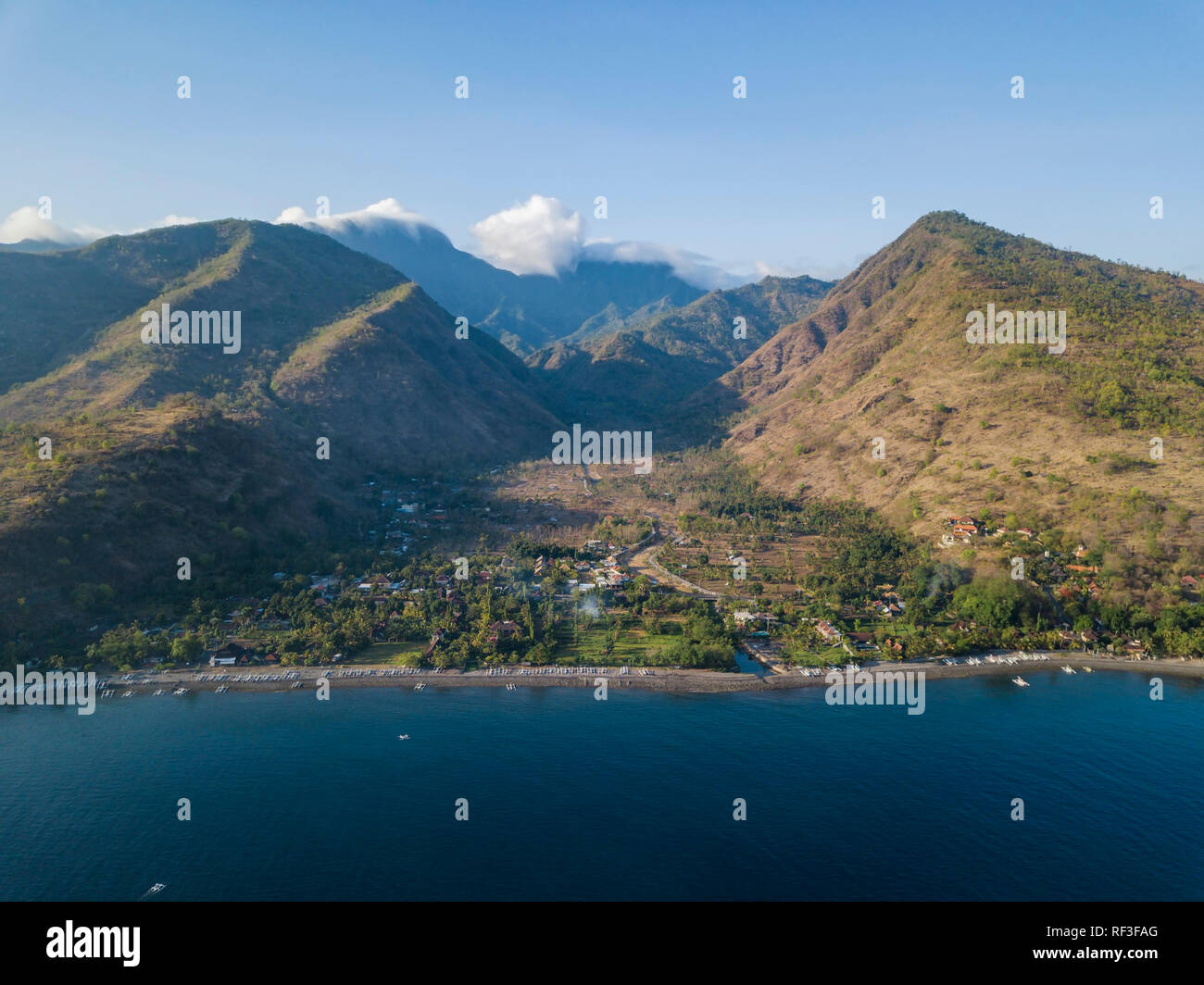 Indonesia, Bali, Amed, Aerial view of Lipah beach and volcano Agung ...