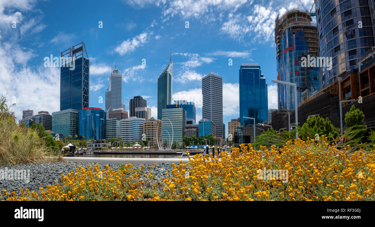 Panorama of skyline Perth downtown seen from Elizabeth Quay with ...