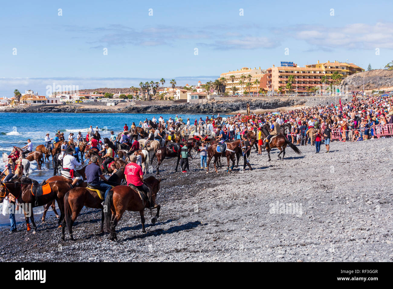 Playa Enramada, La Caleta, Costa Adeje, Tenerife. 20 January 2019. The annual bathing of the ...