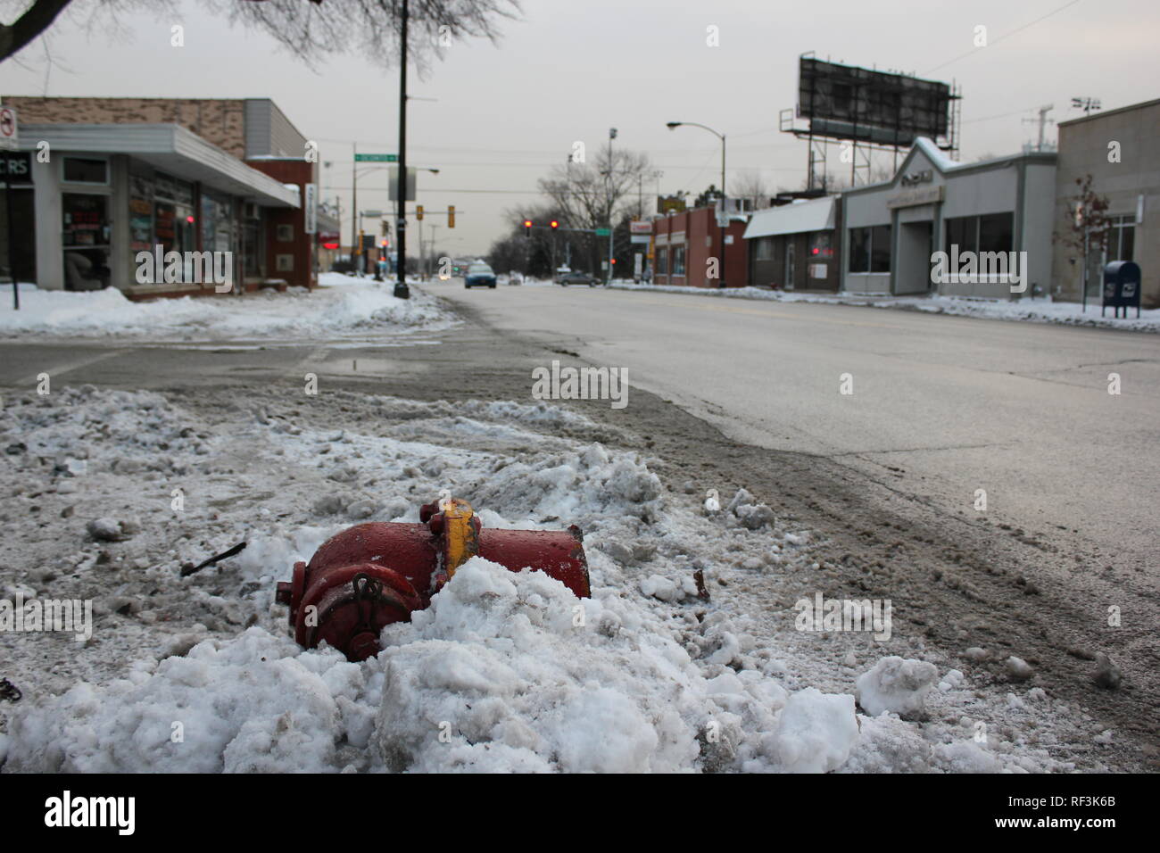 Broken fire hydrant that has been sheared off during a bad traffic ...