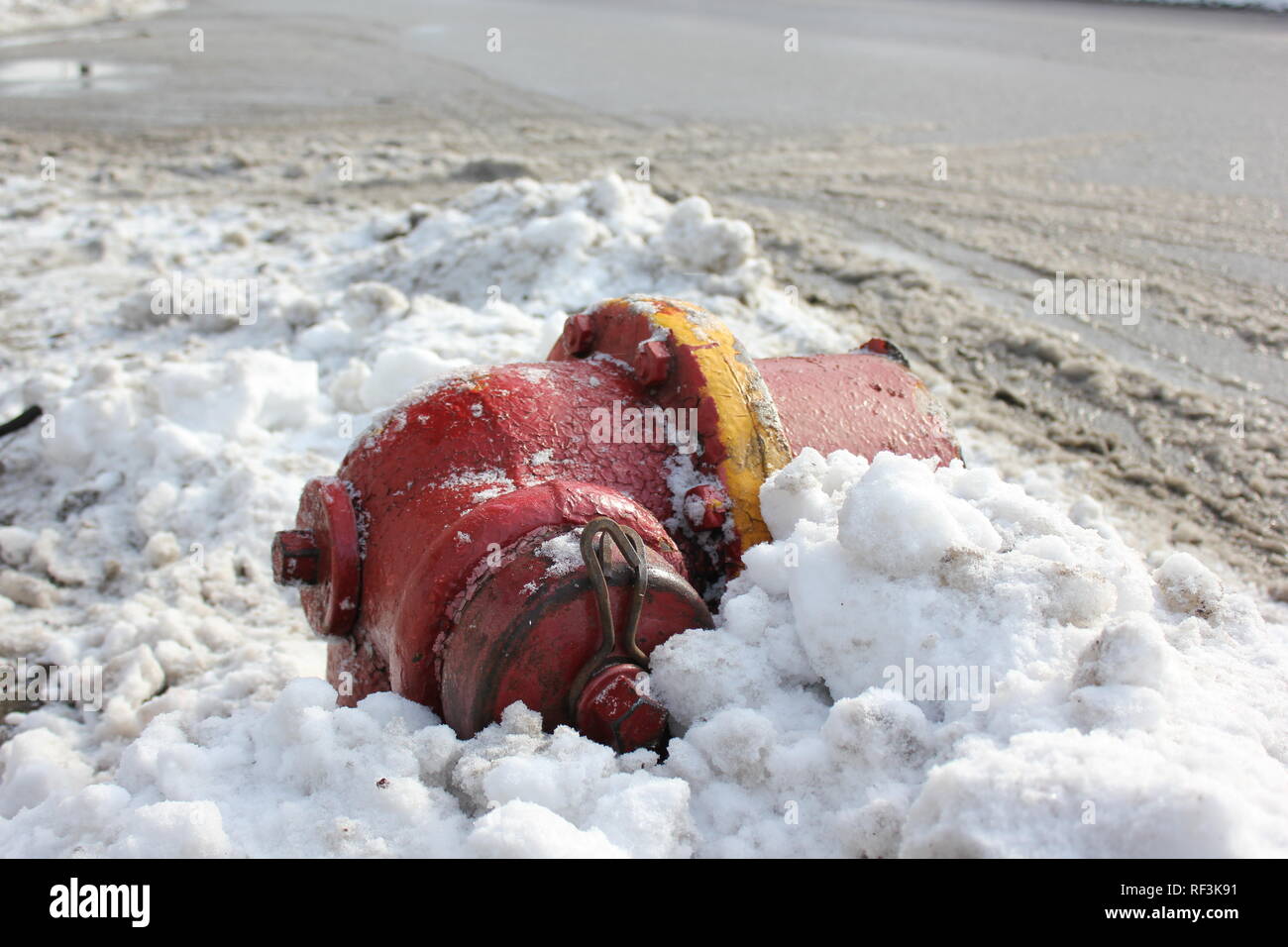 Broken fire hydrant that has been sheared off during a bad traffic ...