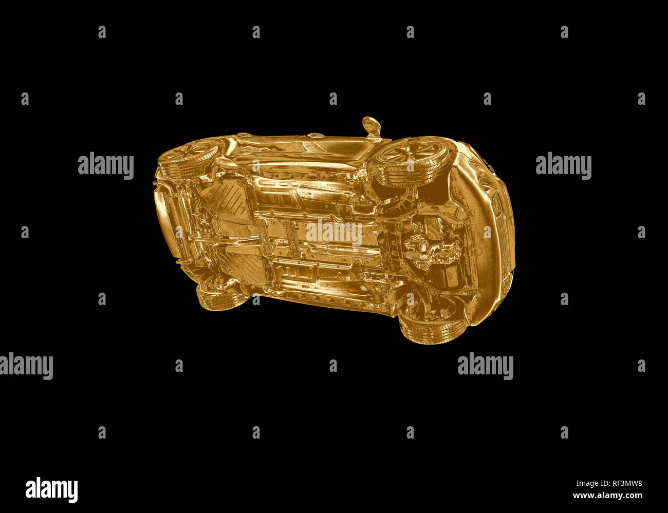 A golden car flying through the air in the pale black sky with the ...