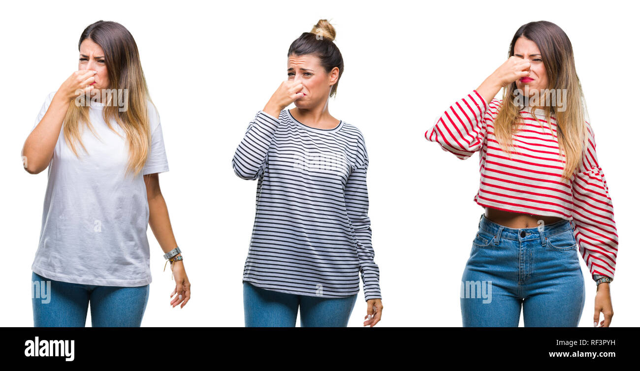 Collage of young beautiful woman over isolated background smelling ...