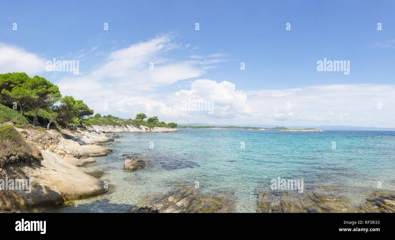 Blue sea water waves and rock beach with trees Stock Photo - Alamy