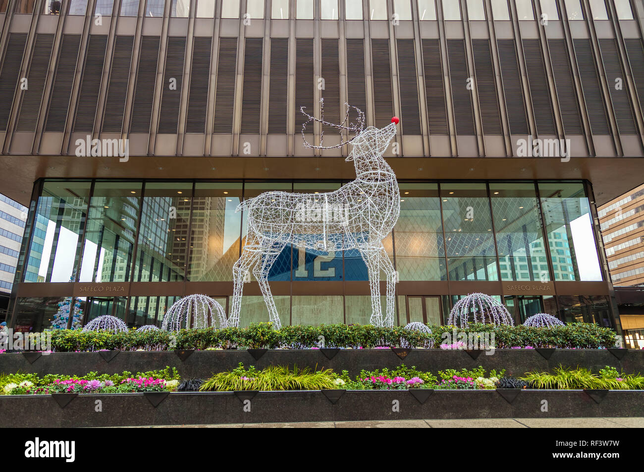Reindeer Christmas light decoration outside of the Safeco Plaza ...