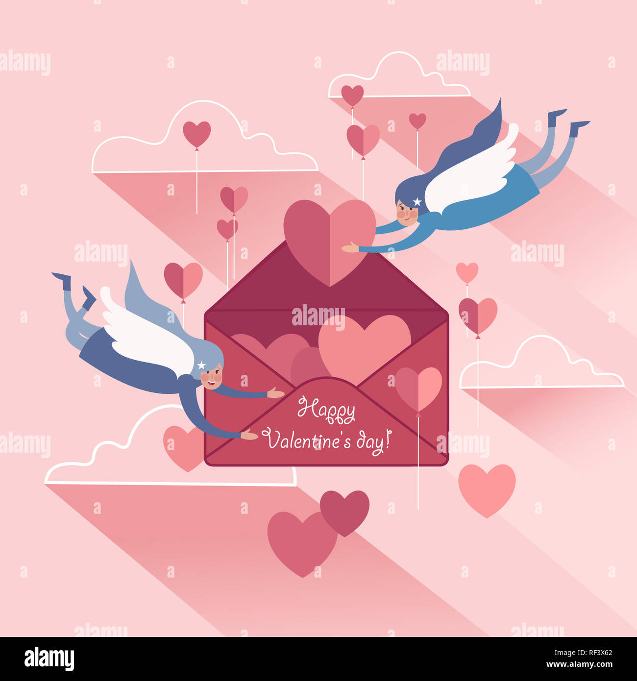Cute couple soaring white-winged angels with valentines, pink sky ...