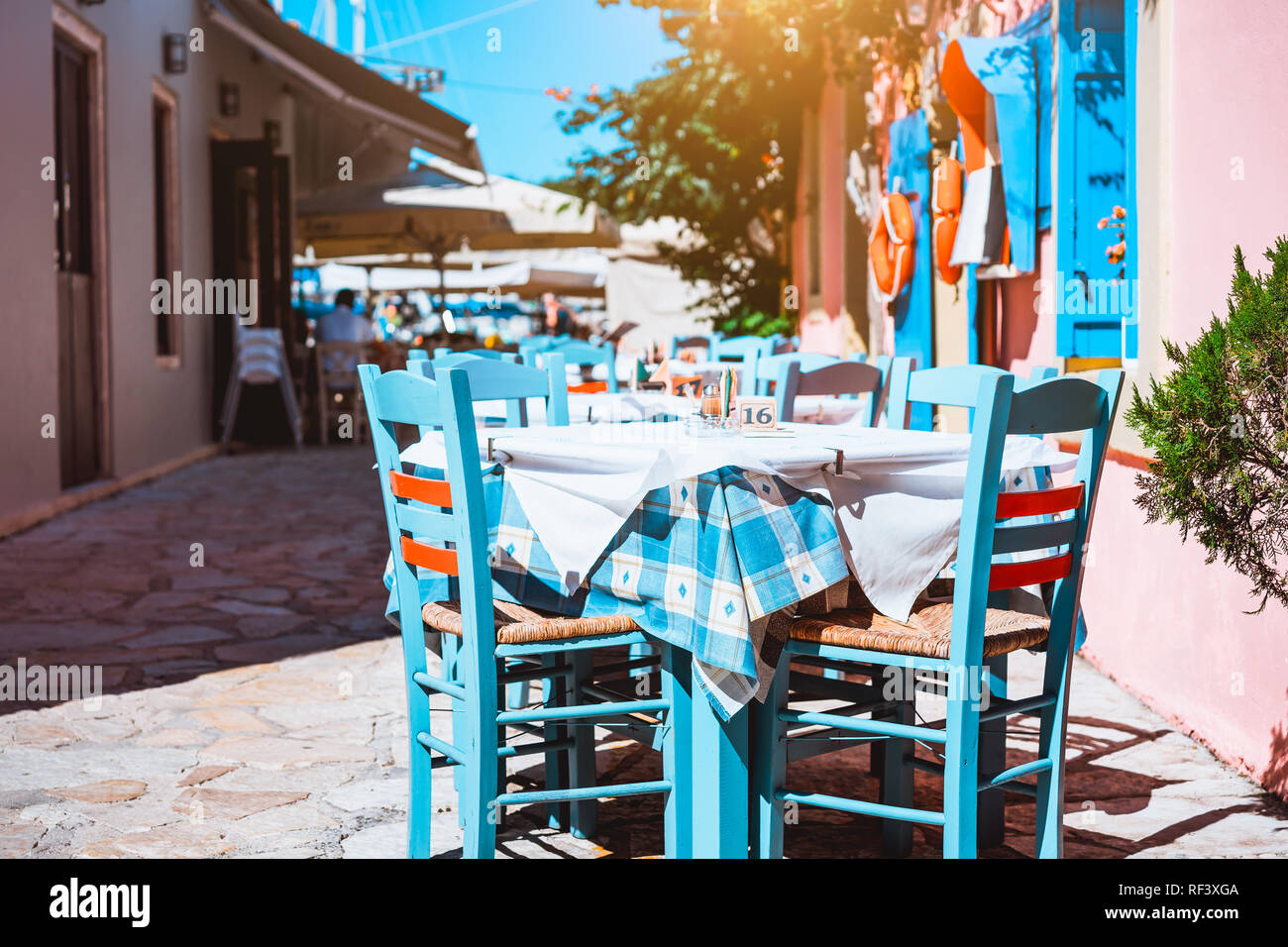 Outside traditional blue and white restaurant, greek tavern concept ...
