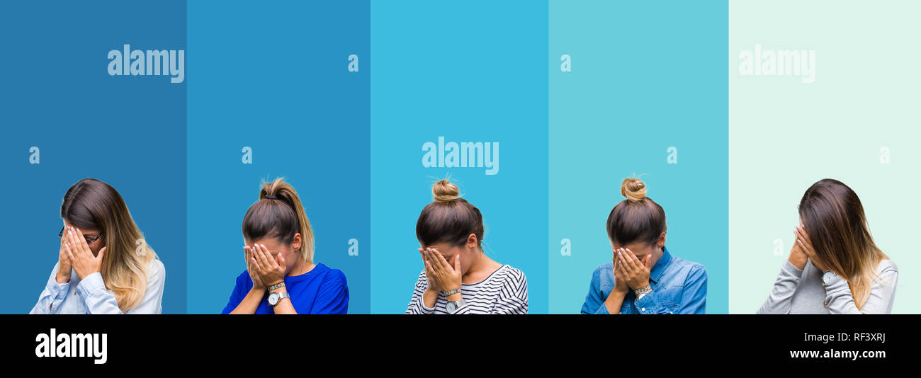 Collage of young beautiful woman over blue stripes isolated background ...