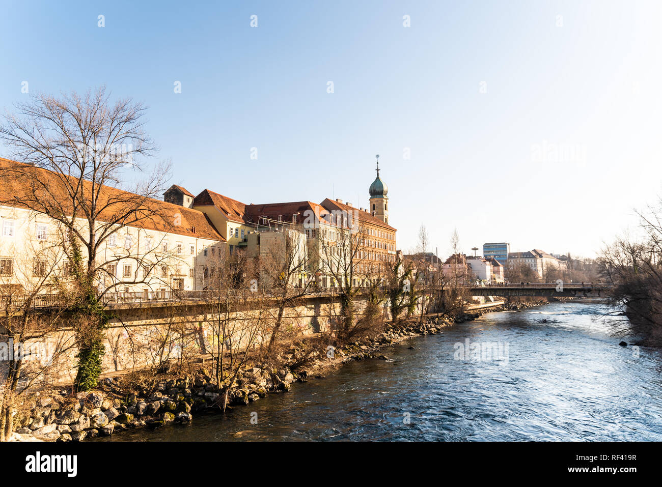 City of Graz Mur river, river bank,city center, Styria region of ...