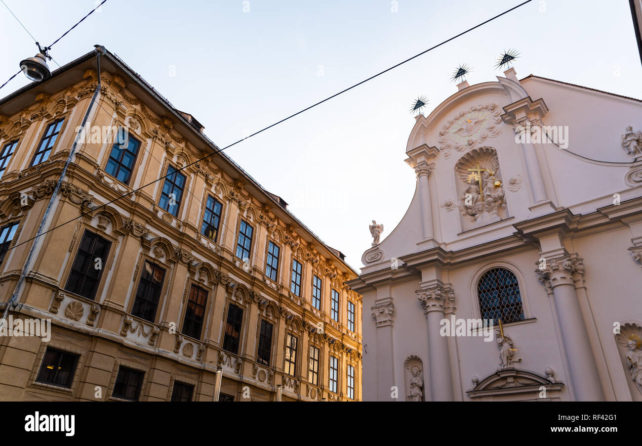 Graz, Styria / Austria - 20.01.2019: View at church and building with ...