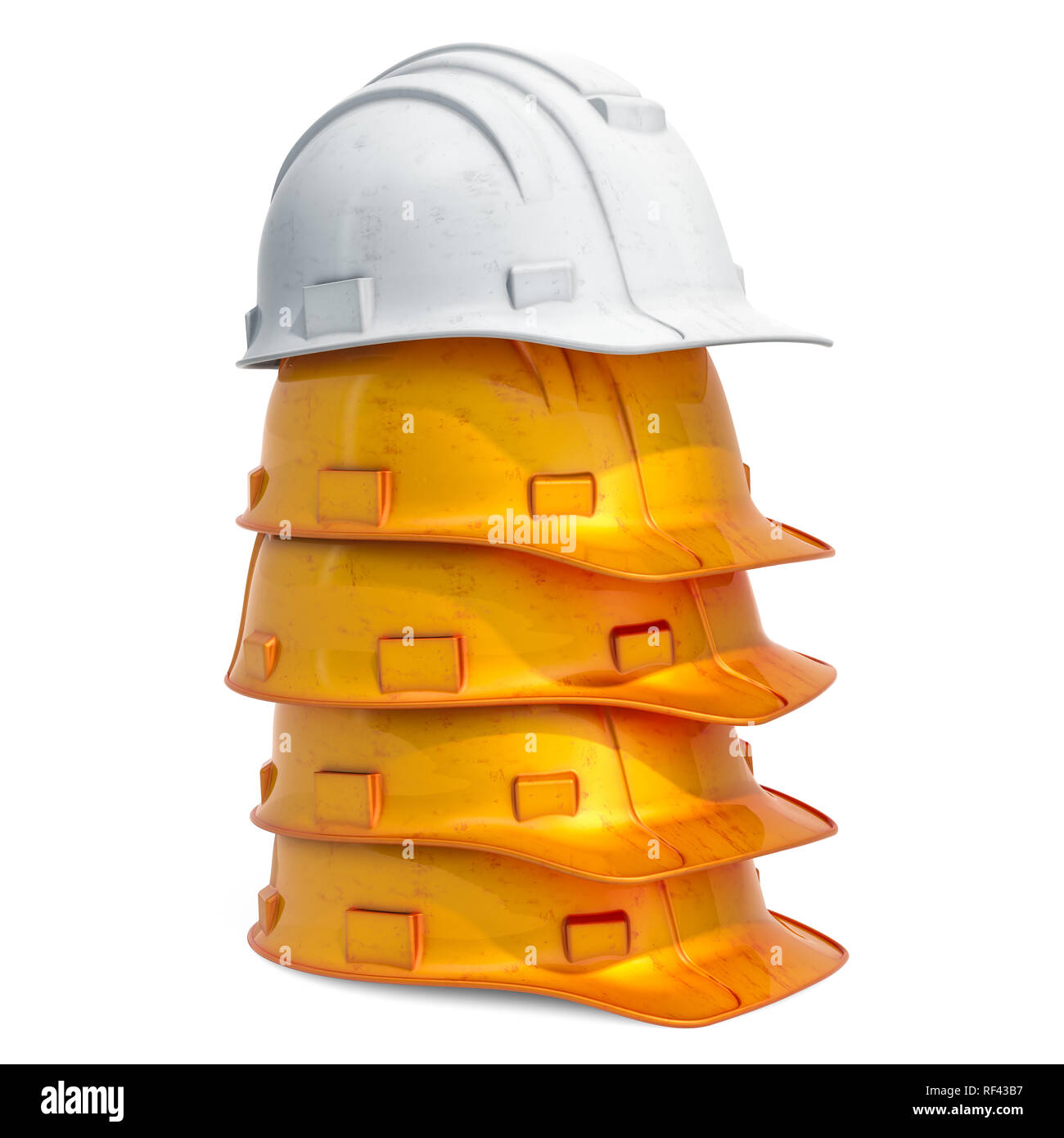 Heap of workers brown helmets and white hard hat of an engineer or ...