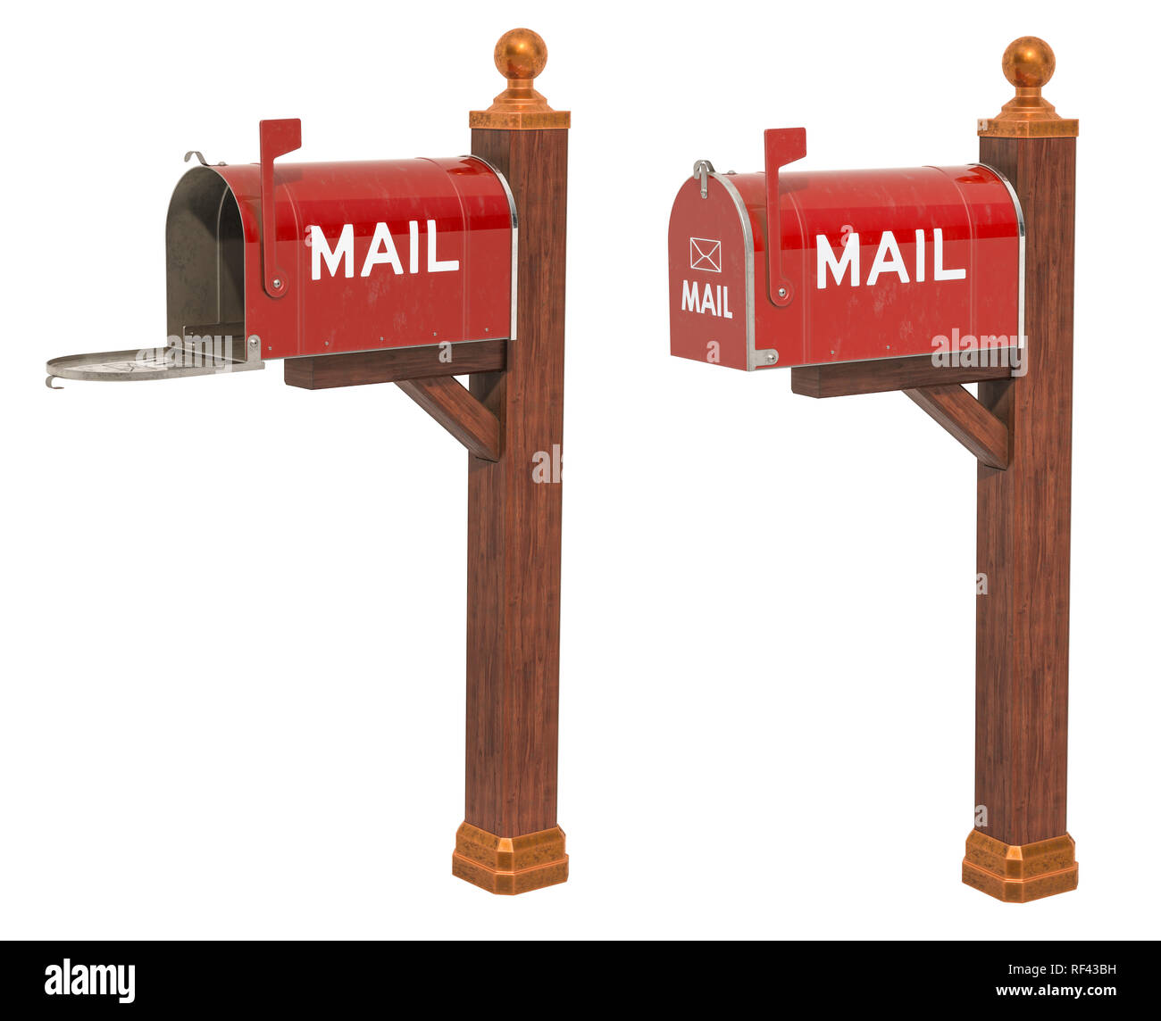 Opened and closed red mailboxes, 3D rendering isolated on white ...