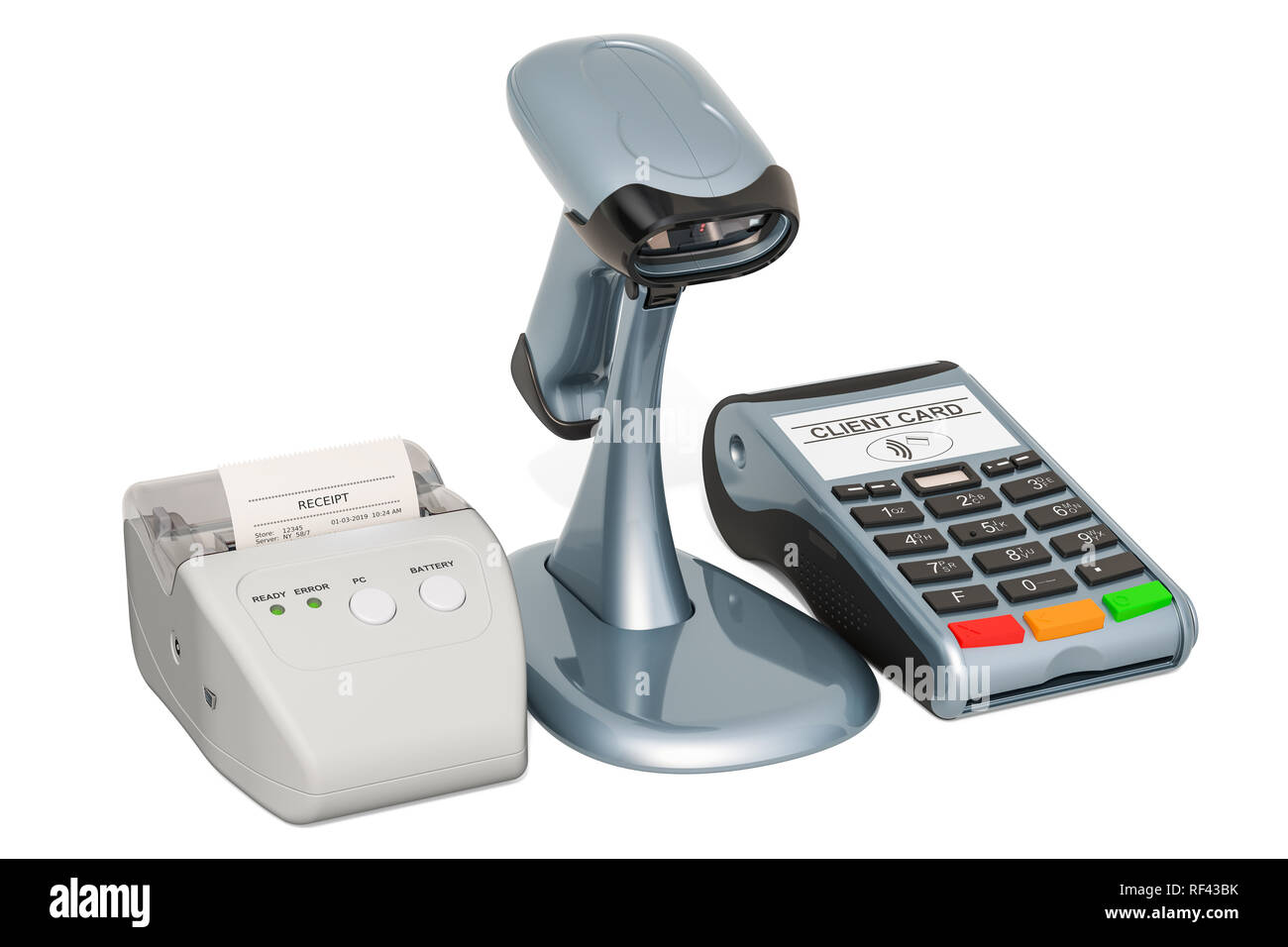 Receipt printer and barcode reader with POS-terminal, 3D rendering ...