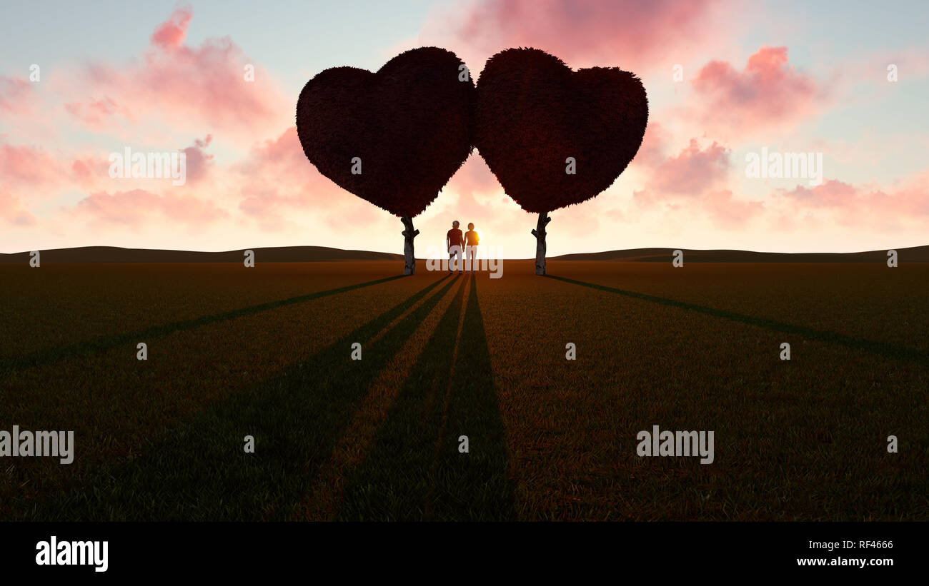 Romantic young couple under heart shaped trees, 3D rendering Stock ...