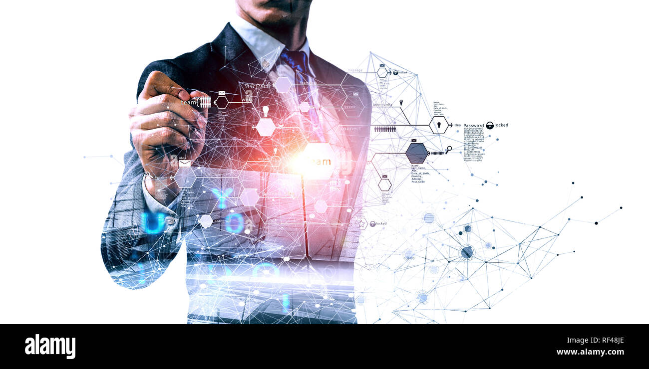 Human hand drawing on screen connection lines of network. 3d rendering ...