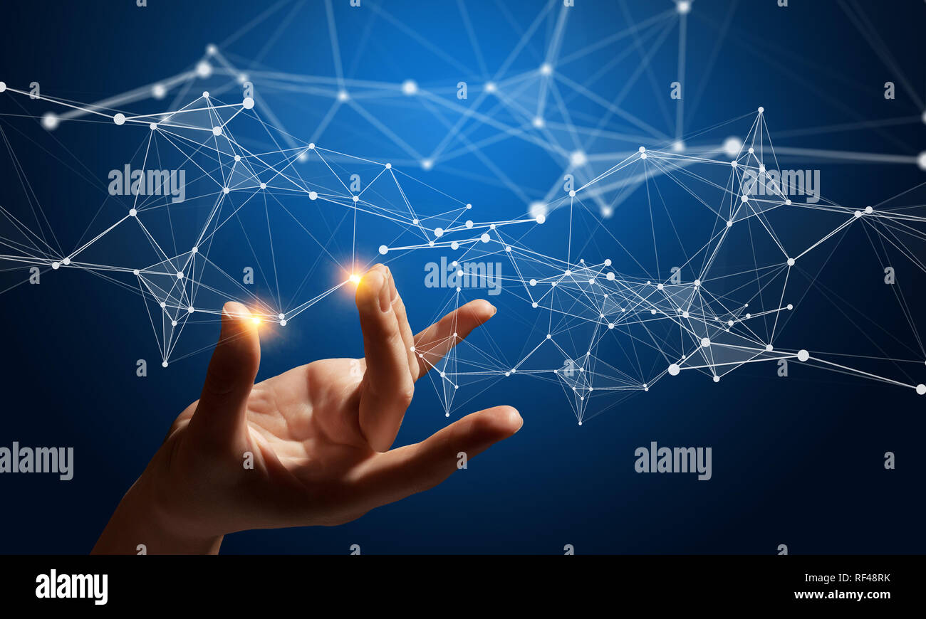 Hand touch technology background with lines and dots. 3d rendering ...