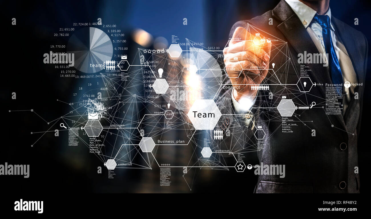 Human hand drawing on screen connection lines of network. 3d rendering ...