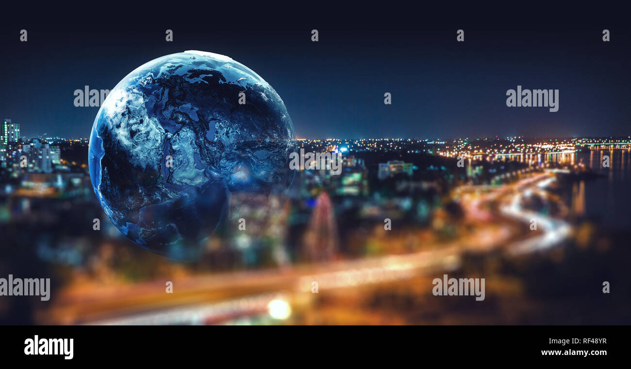 Concept of modern technologies with digital globe and modern cityscape ...