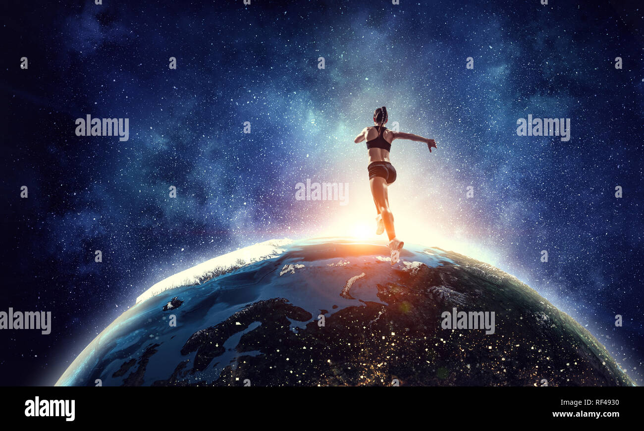 Young athlete girl running on globe. Elements of this image are ...