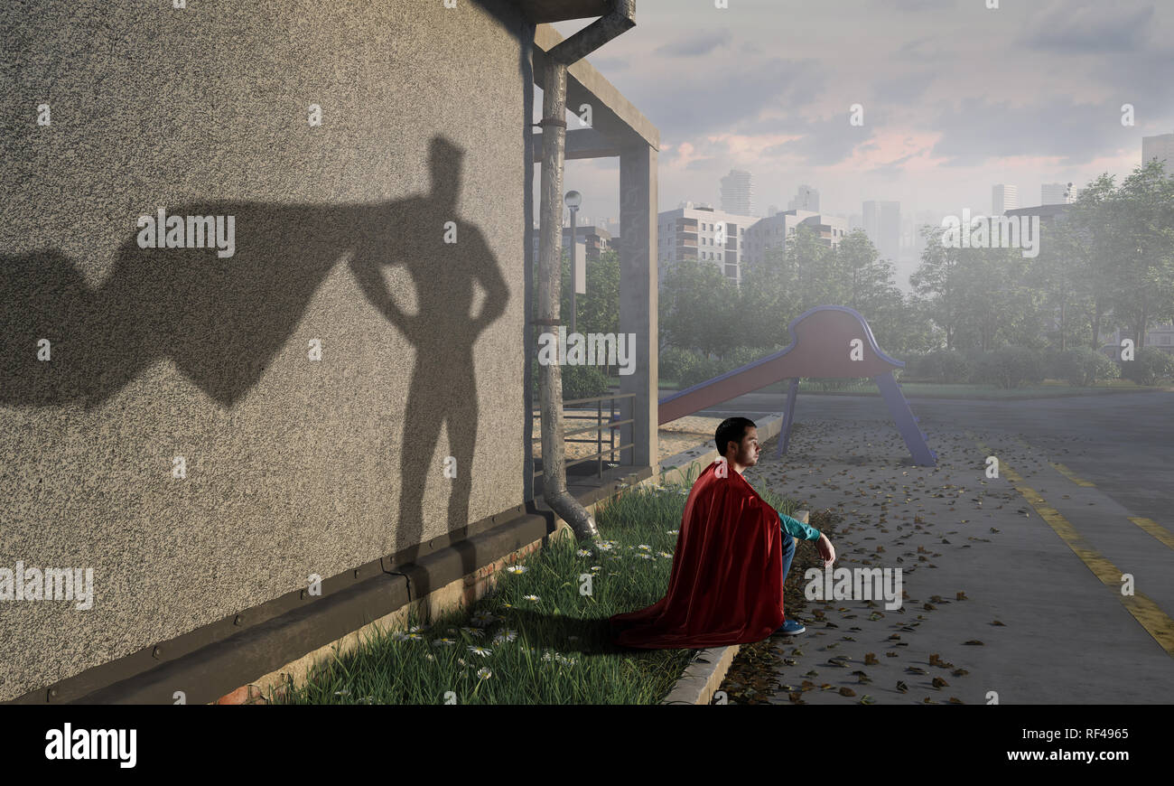 Bored man in red cape and his brave shadow. Mixed media Stock Photo - Alamy