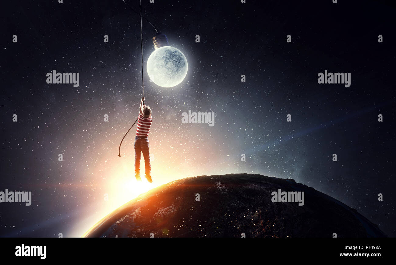 Kid boy catching moon planet with rope. Mixed media . Elements of this ...