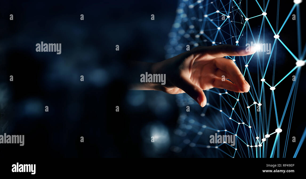 Hand touch technology background with lines and dots. 3d rendering ...