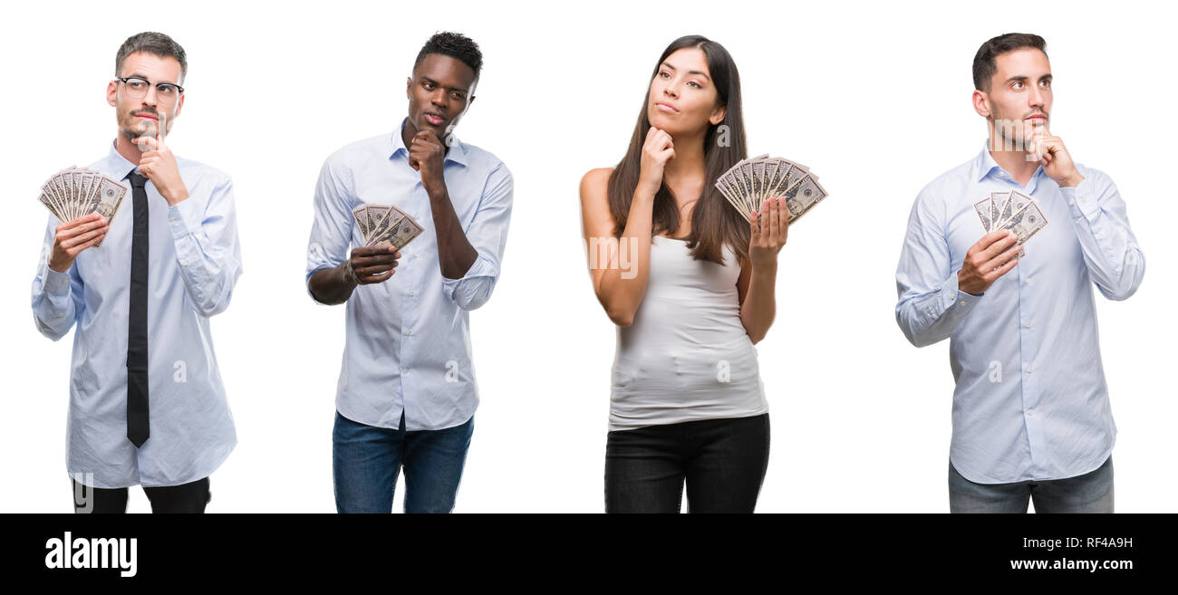 Collage of group team of workers holding bank notes dollars over ...