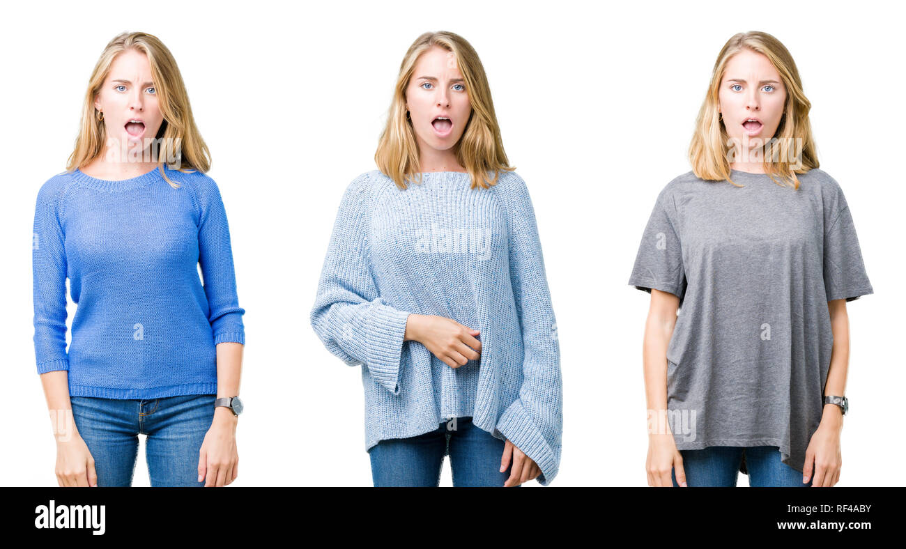 Collage of beautiful blonde woman over white isolated background In ...