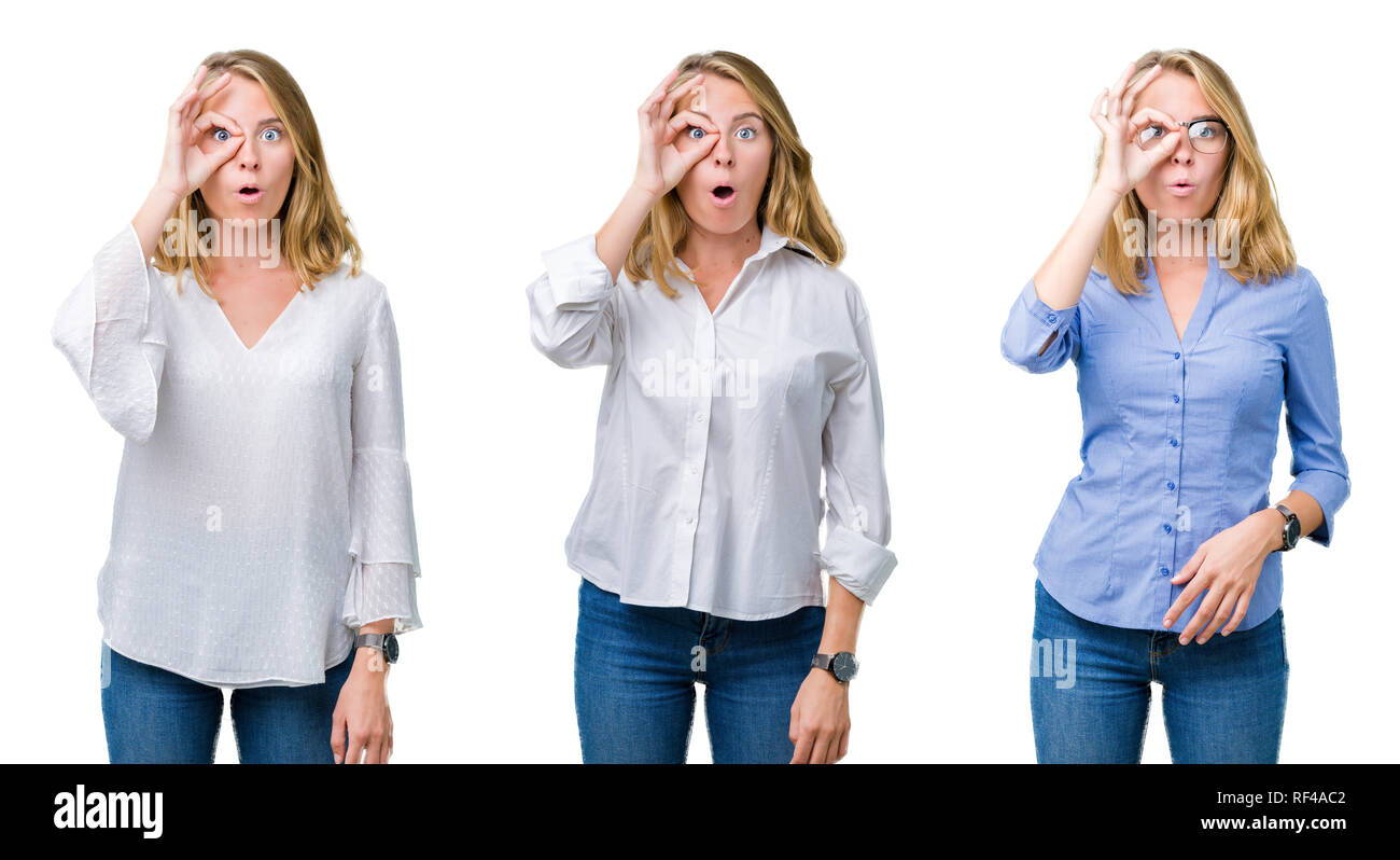 Collage of beautiful blonde business woman over white isolated ...