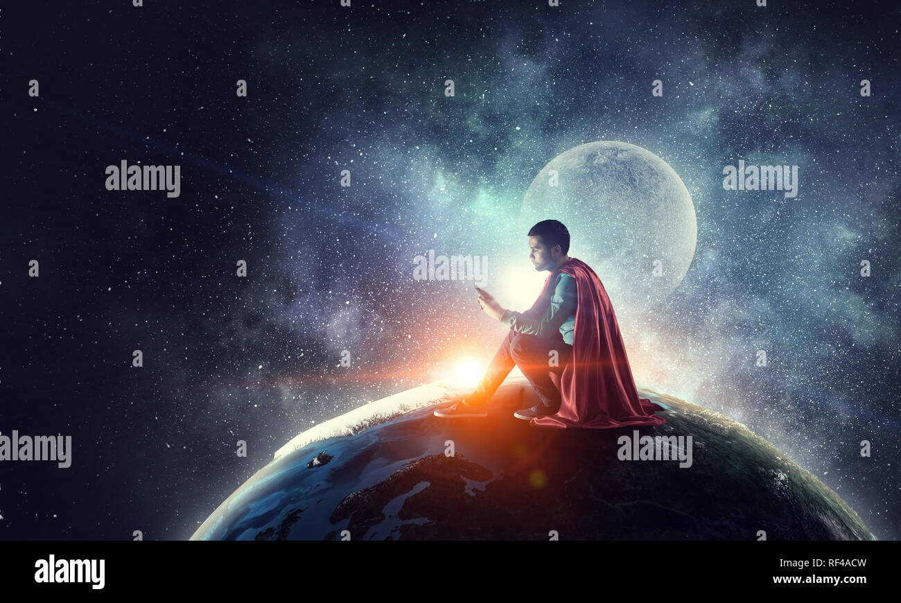 Thoughtful man in cape sitting on Earth planet. Mixed media. Elements ...