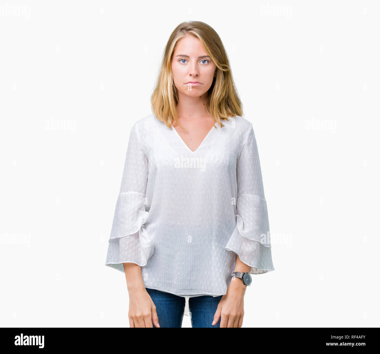 Beautiful young elegant woman over isolated background depressed and ...
