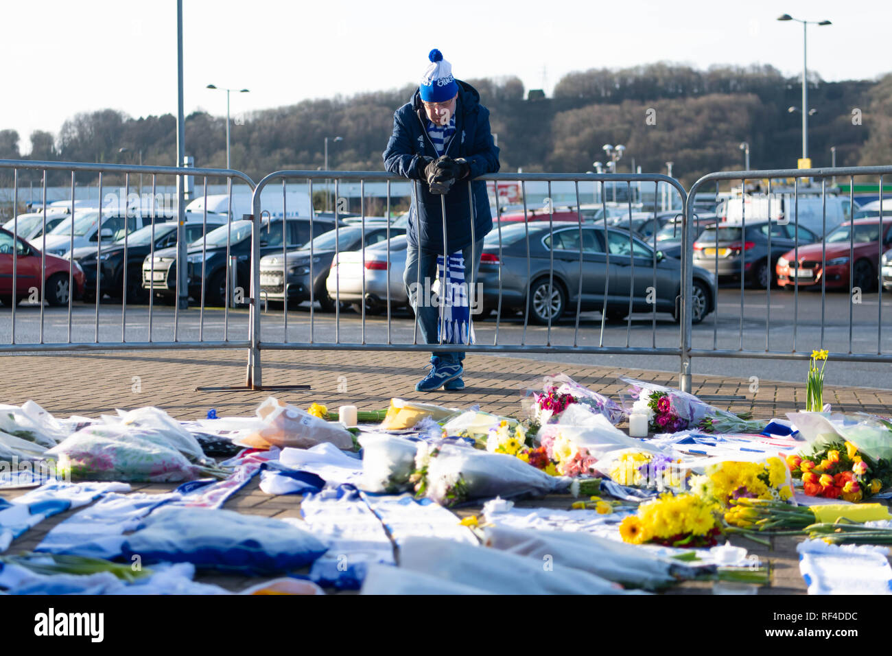 Tributes at the Cardiff City stadium in Cardiff, Wales, UK, following ...