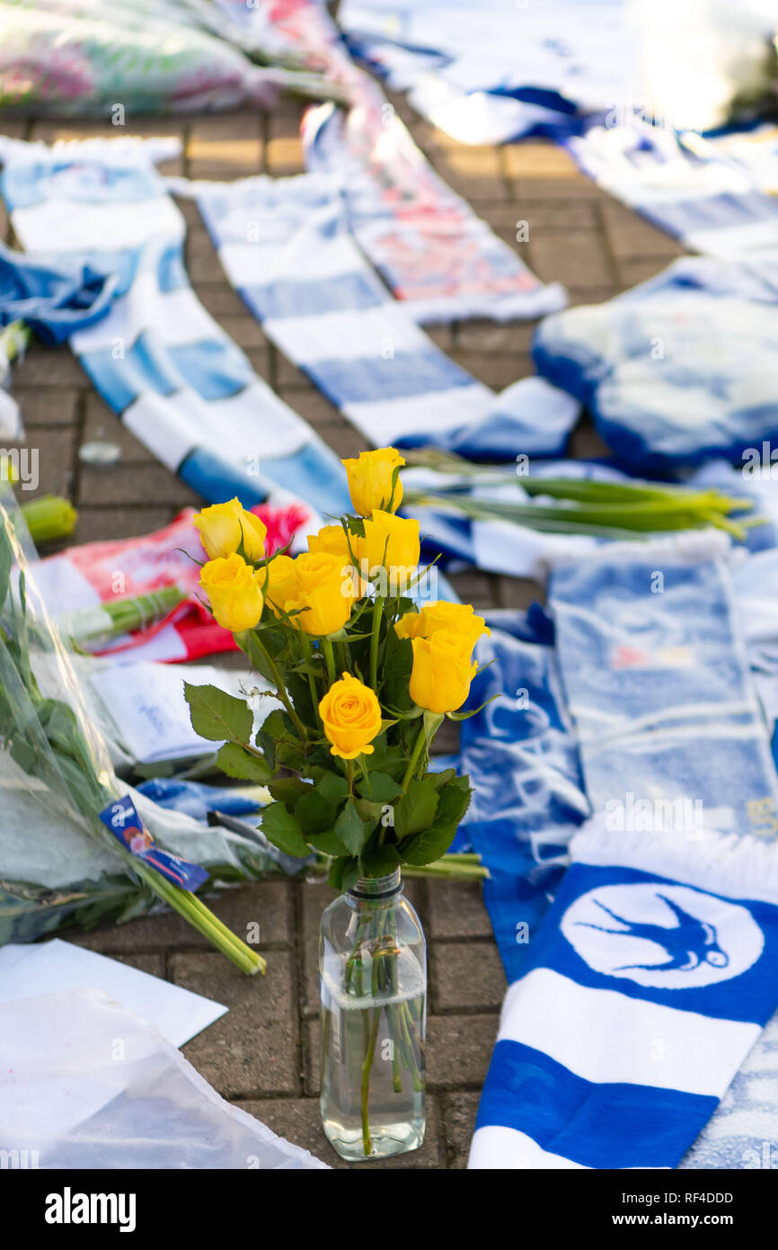 Tributes at the Cardiff City stadium in Cardiff, Wales, UK, following ...