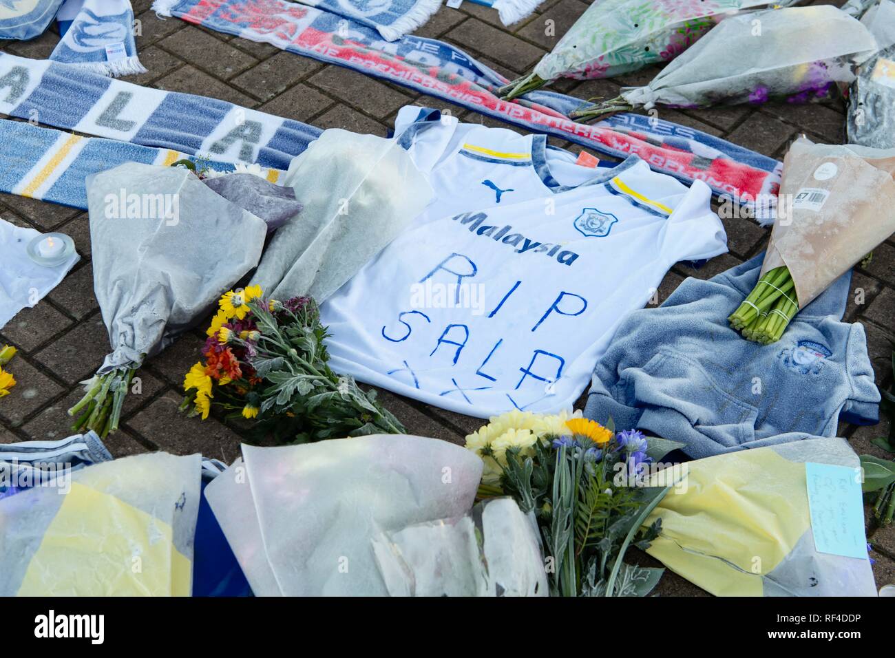 Tributes at the Cardiff City stadium in Cardiff, Wales, UK, following ...